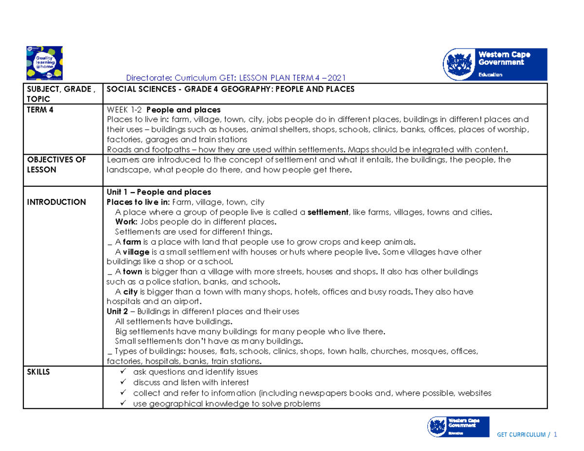 Lesson Plan: Grade 4 SS Geography - People and Places (T4 W1) - Studocu