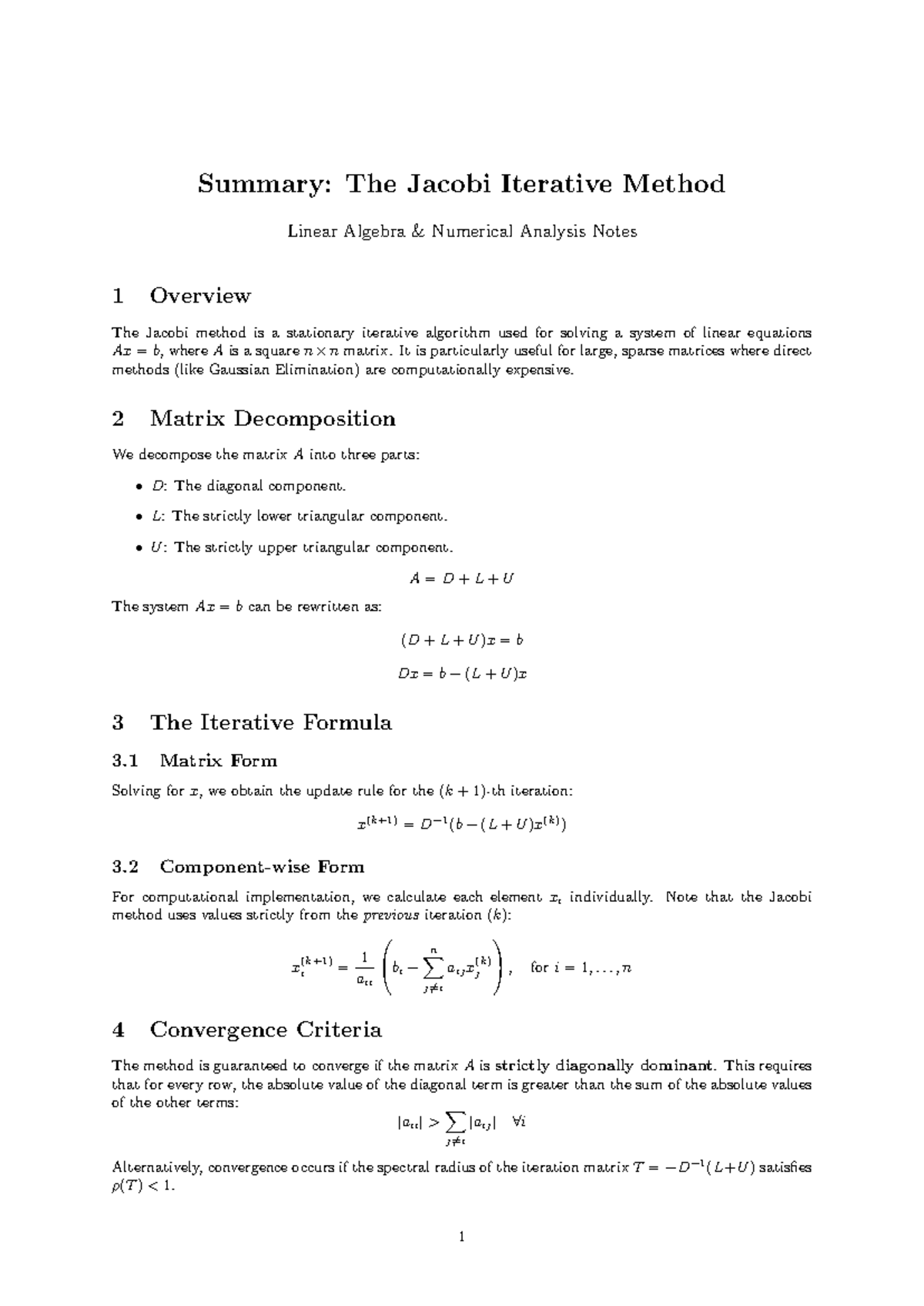 Jacobi Method: Linear Algebra Numerical Analysis Notes - Studocu