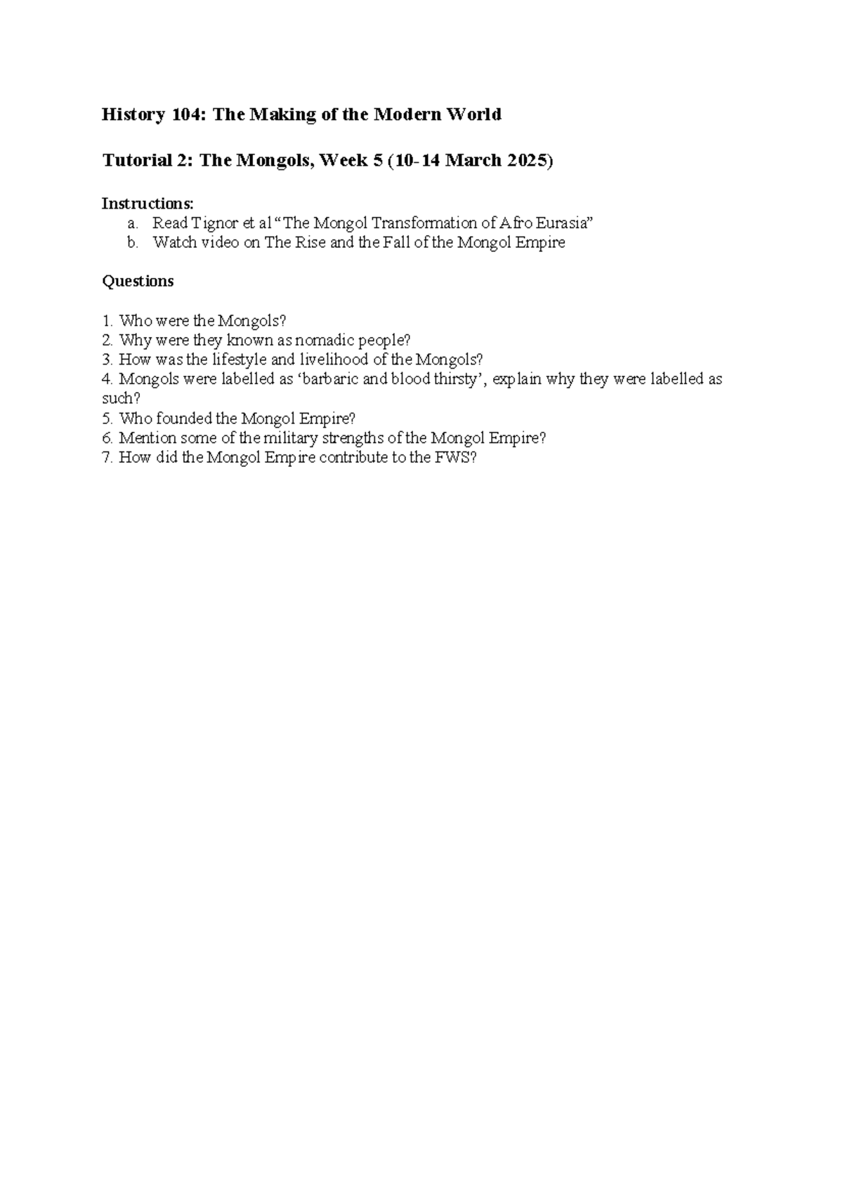 History 104: Tutorial 2 - The Mongols and Their Impact - Studocu