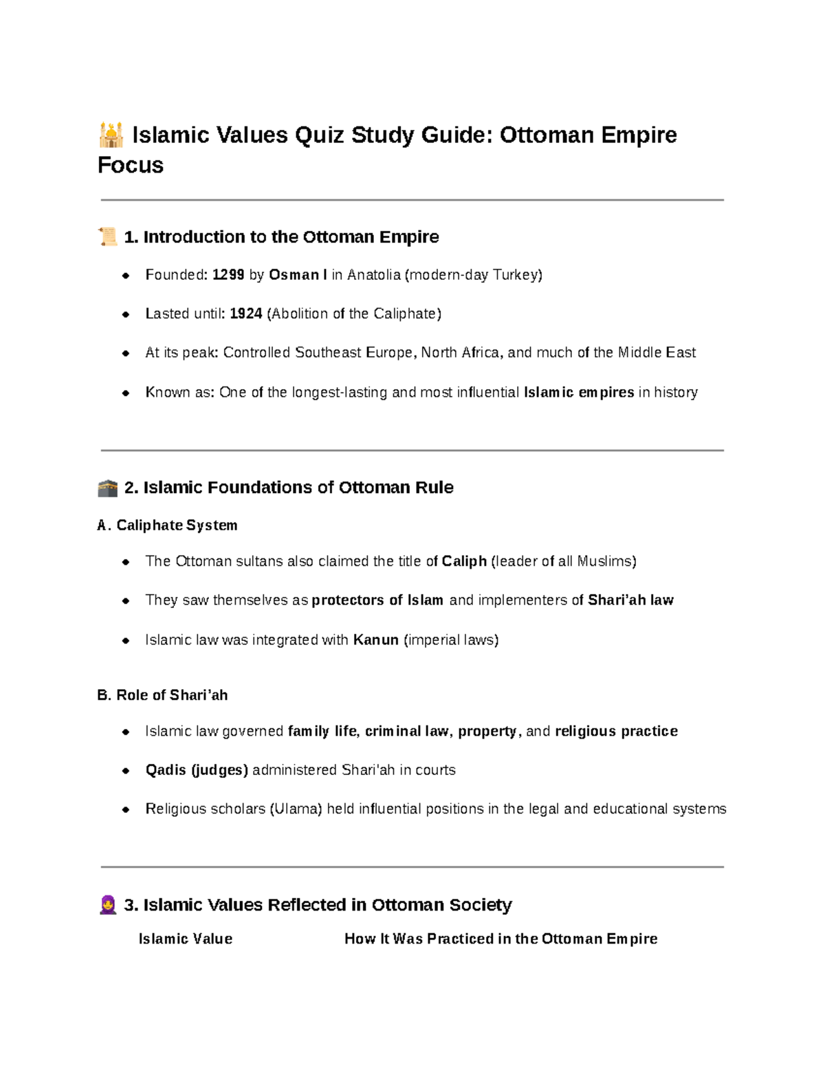 Islamic Values Quiz Study Guide: Focus on Ottoman Empire - Studocu