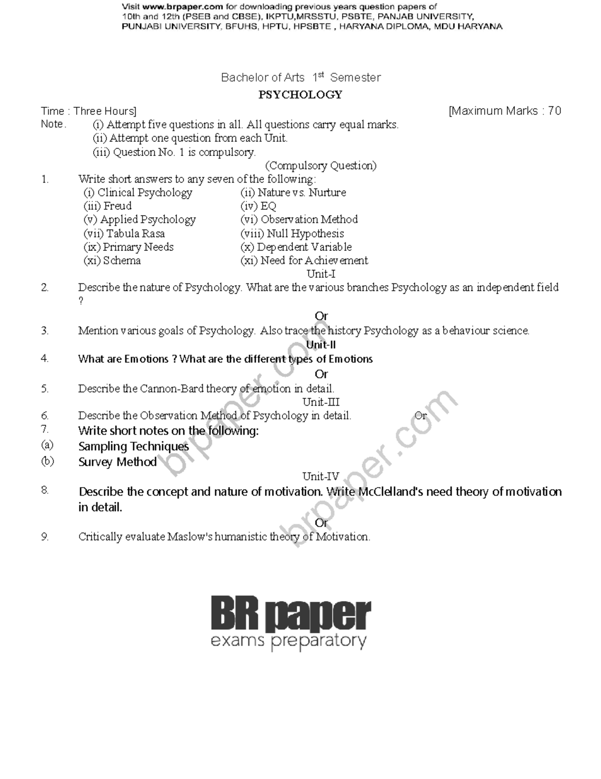 Psychology Question Papers - B.A. 1st Semester Exam Prep - Studocu