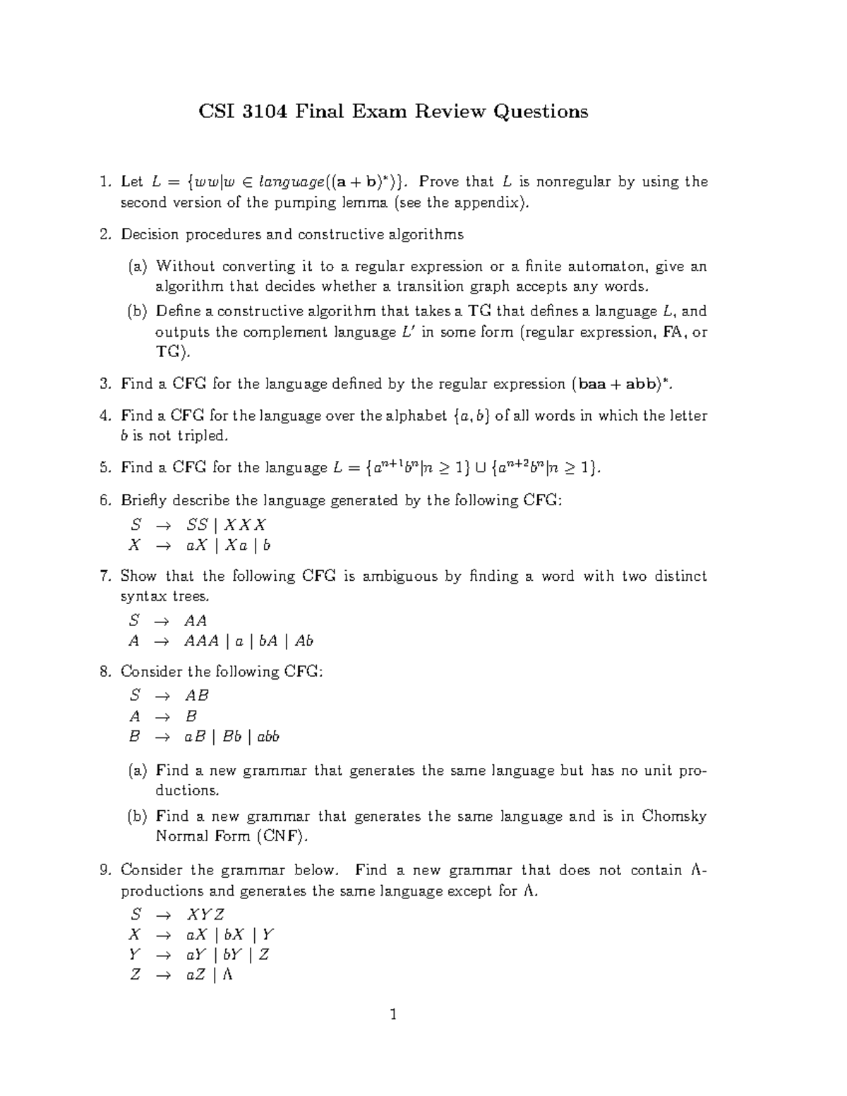 CSI 3104 Final Exam Review: Language Theory and CFGs - Studocu