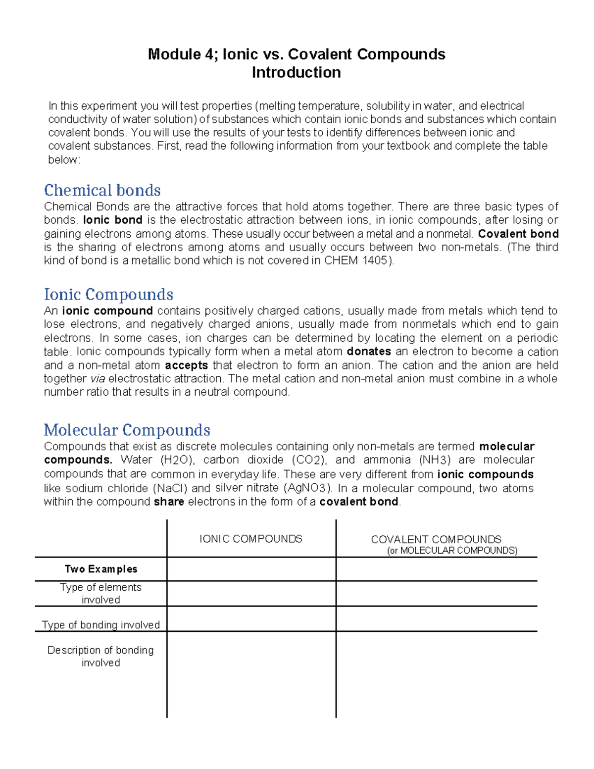 Module 4 Ionic vs. Covalent V 2 - Module 4; Ionic vs. Covalent ...