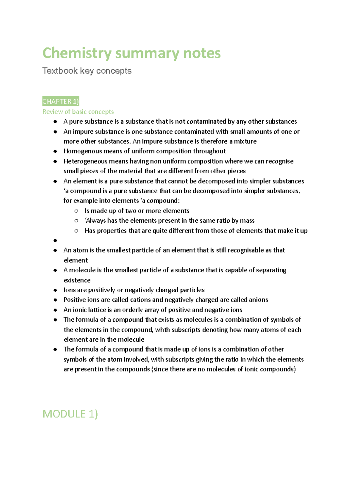 Chemistry Summary Notes: Module 1 Concepts (2022) - Studocu