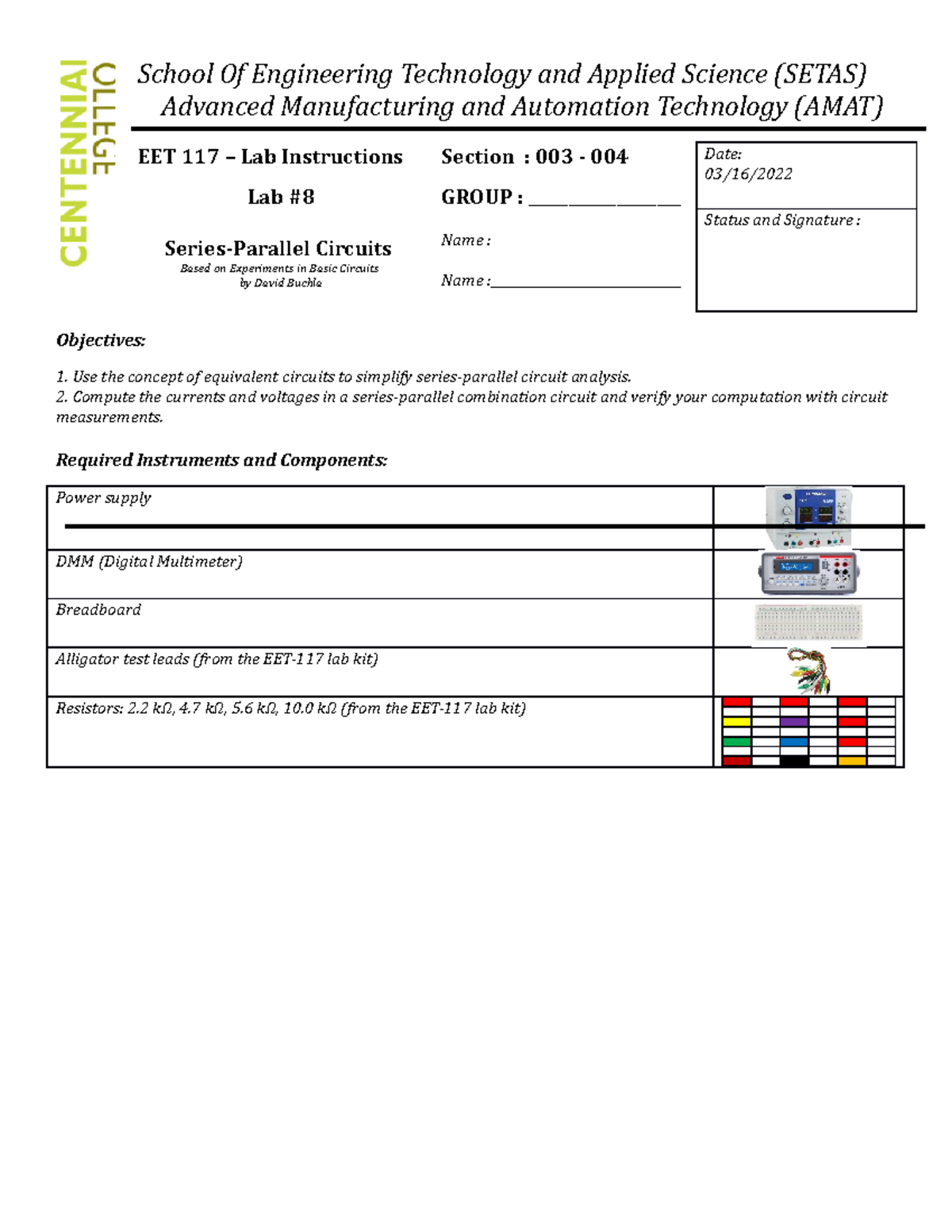EET-117-Lab 8- Series Parallel Circuit W22 - School Of Engineering Technology and Applied ...