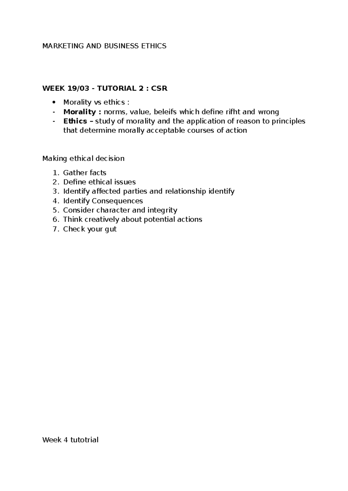 MARKETING AND BUSINESS ETHICS TUTORIAL 2: CSR, Morality, and Ethics ...