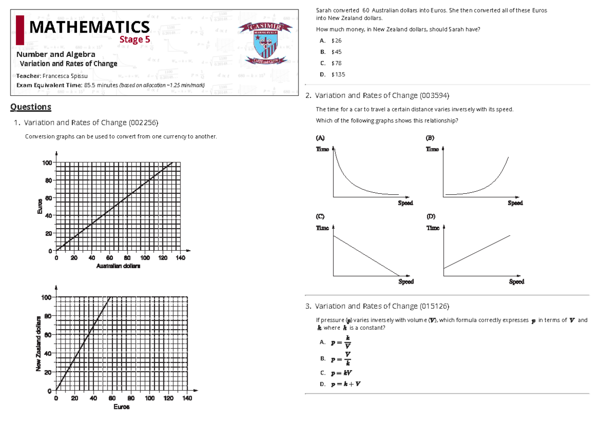 MATHEMATICS Stage 5: Variation and Rates of Change Revision (003594 ...