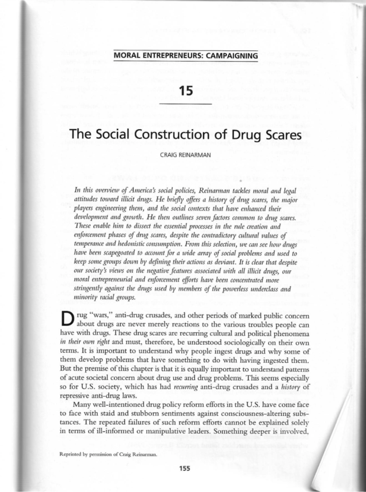 Reinarman - Understanding the Social Construction of Drug Scares - Studocu