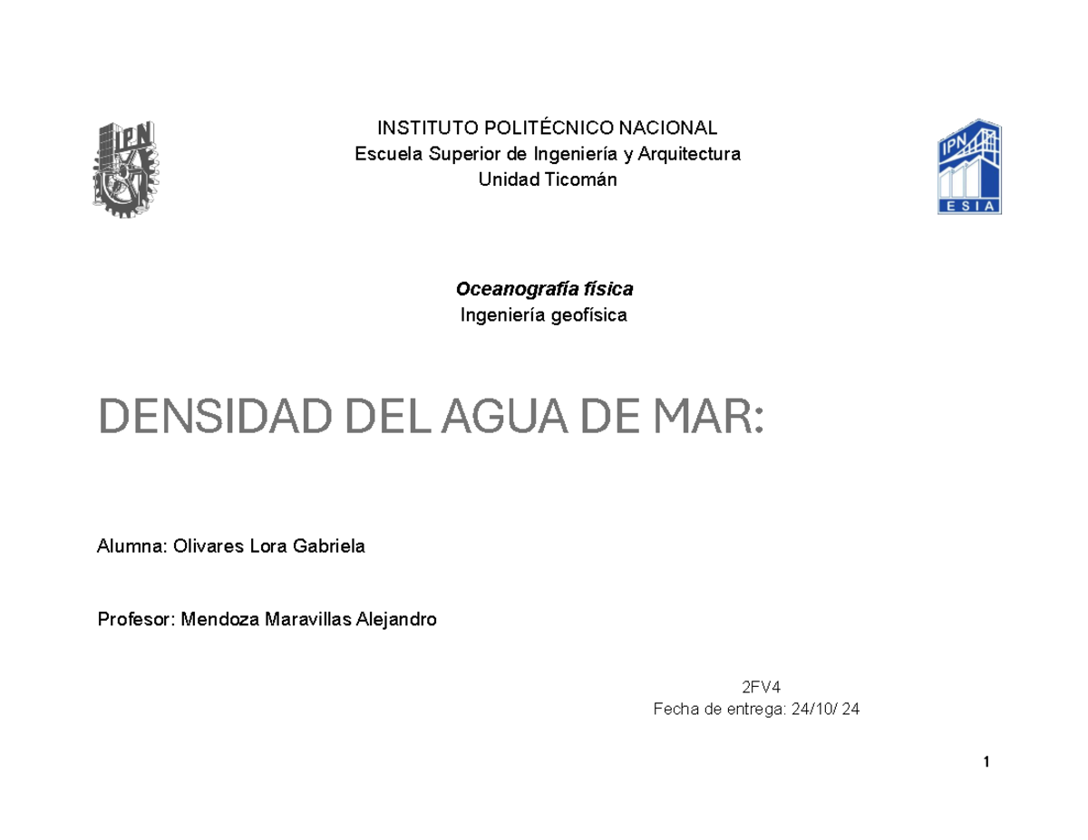 Densidad DEL AGUA DE MAR - Electricidad y Magnetismo - 1 INSTITUTO ...