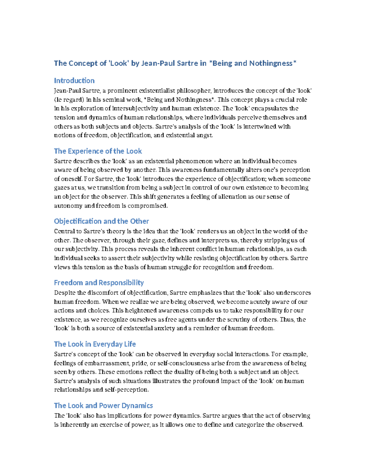 Sartre's 'Look' Theory: Intersubjectivity in *Being and Nothingness* - Studocu