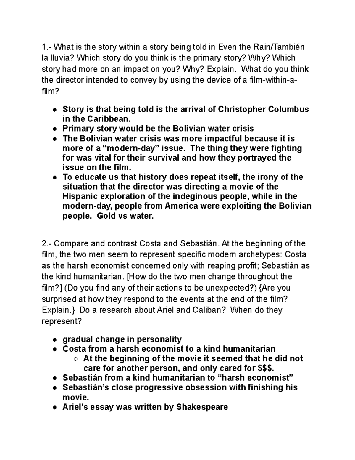 Even the Rain (También la lluvia) Essay Questions Analysis - Studocu