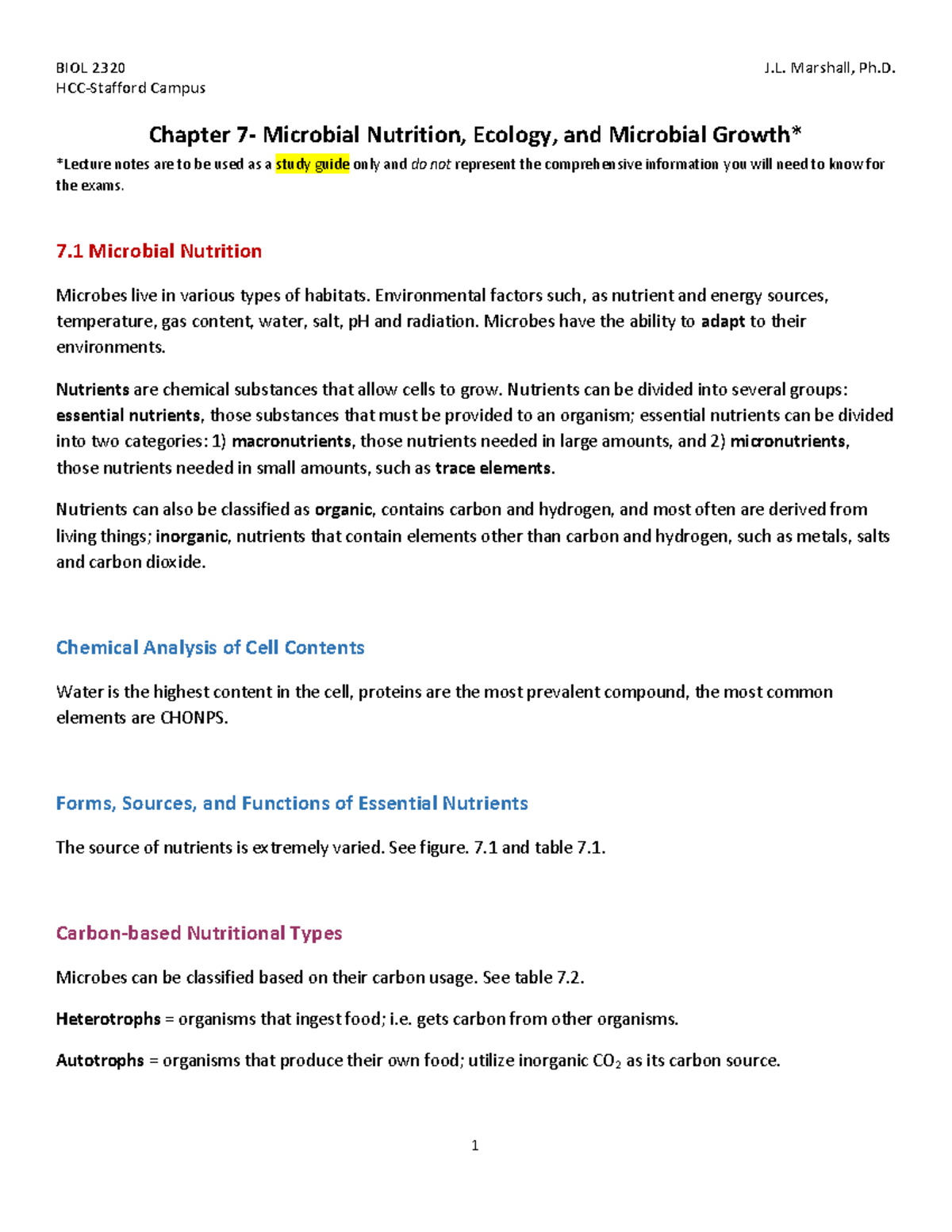 HCCS BIOL 2320 Chapter 7 Lecture Notes: Microbial Nutrition & Ecology ...