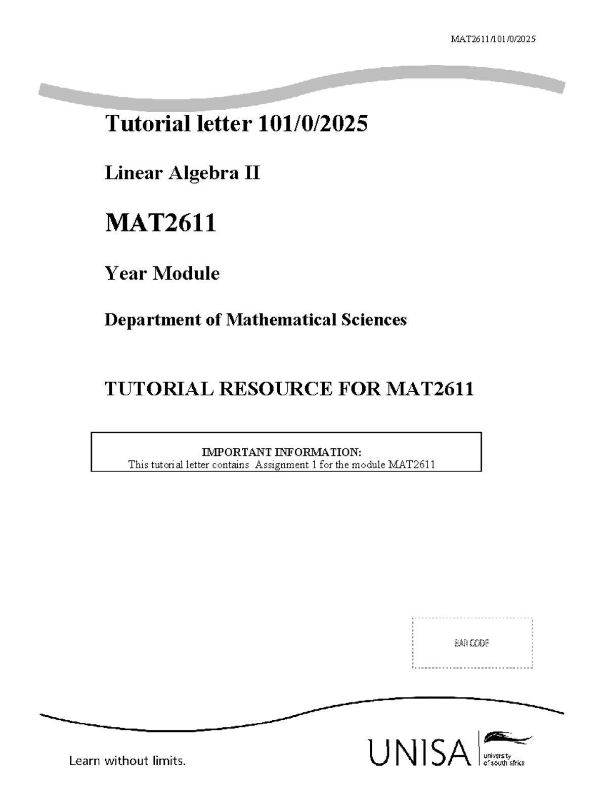 Tl101 Mat2611 2025 Tutorial Resource With Assignment 1 Details Studocu