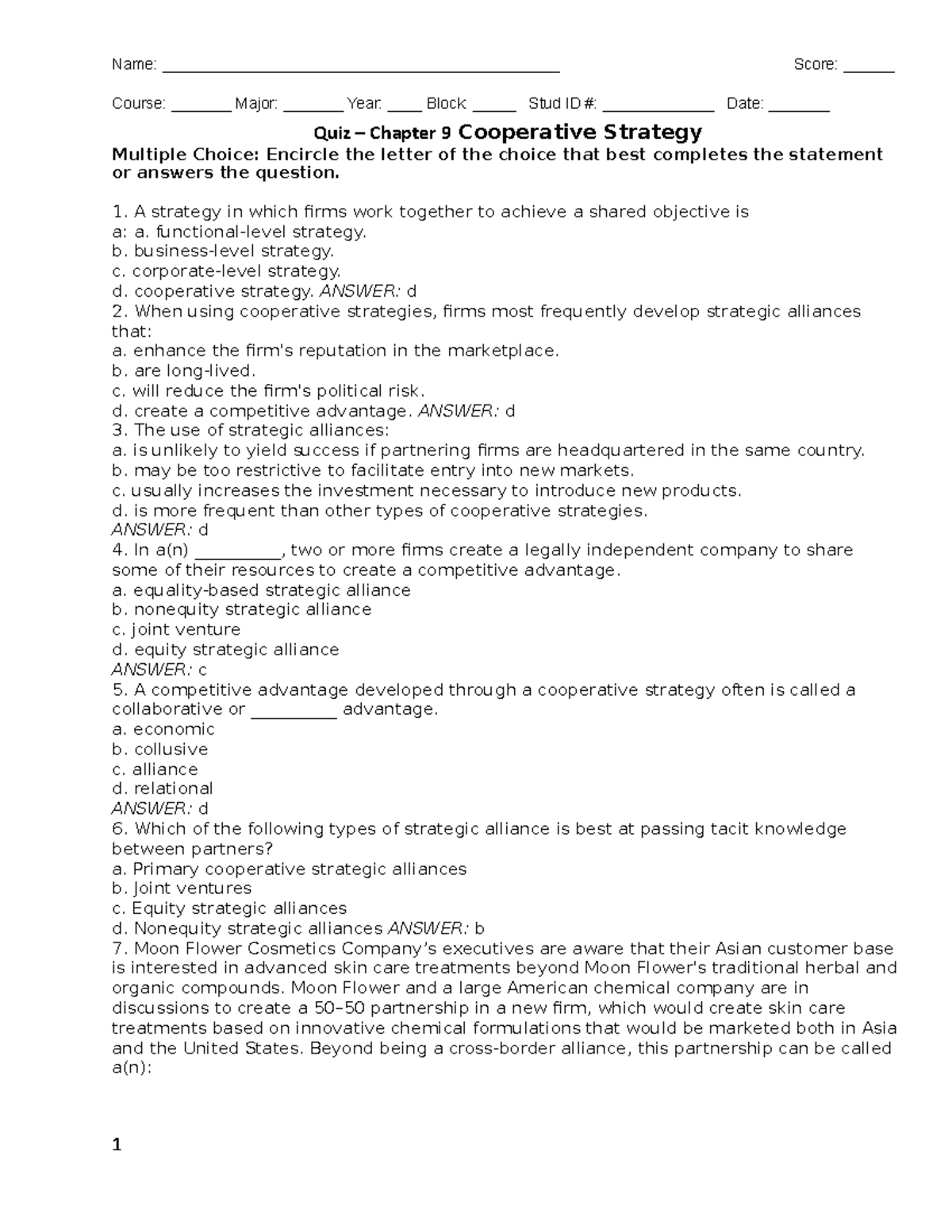 SM Quiz 9 Answer Key: Chapter 9 Cooperative Strategy Insights - Studocu