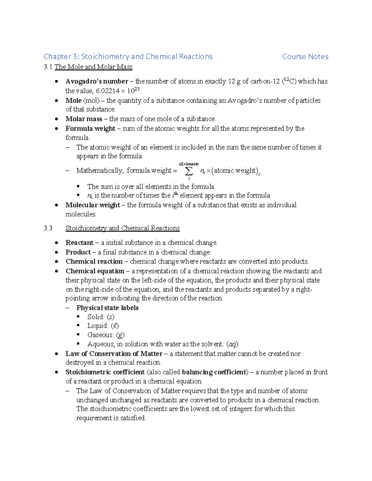 Chapter 3: Stoichiometry & Chemical Reactions Course Notes - Studocu
