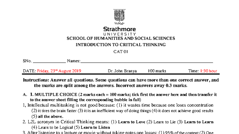 CAT 01: Model Answers for Introduction to Critical Thinking 2019 - Studocu