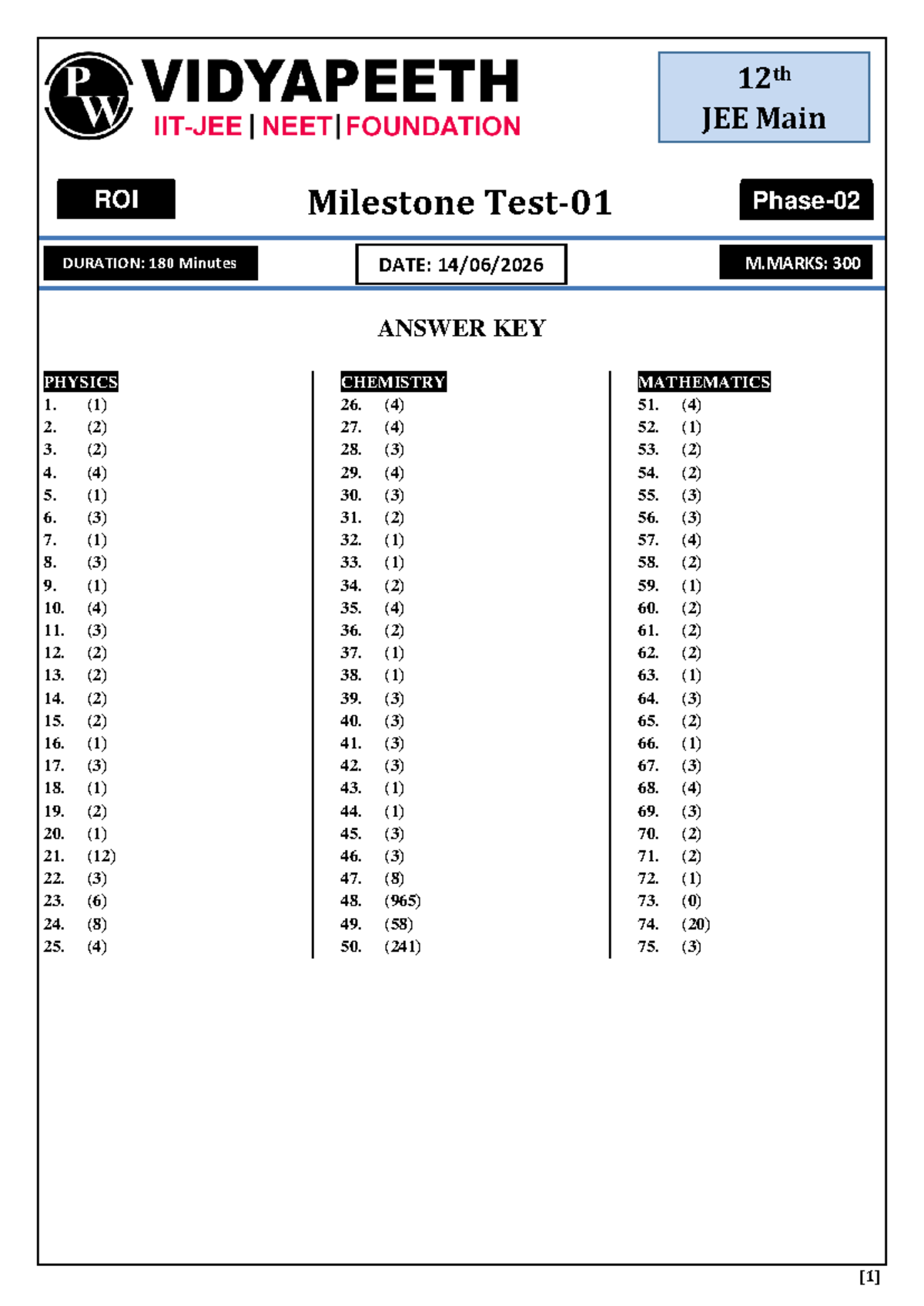 MS-01 12th JEE Main 2026 Answer Key & Solutions for Physics, Chemistry ...