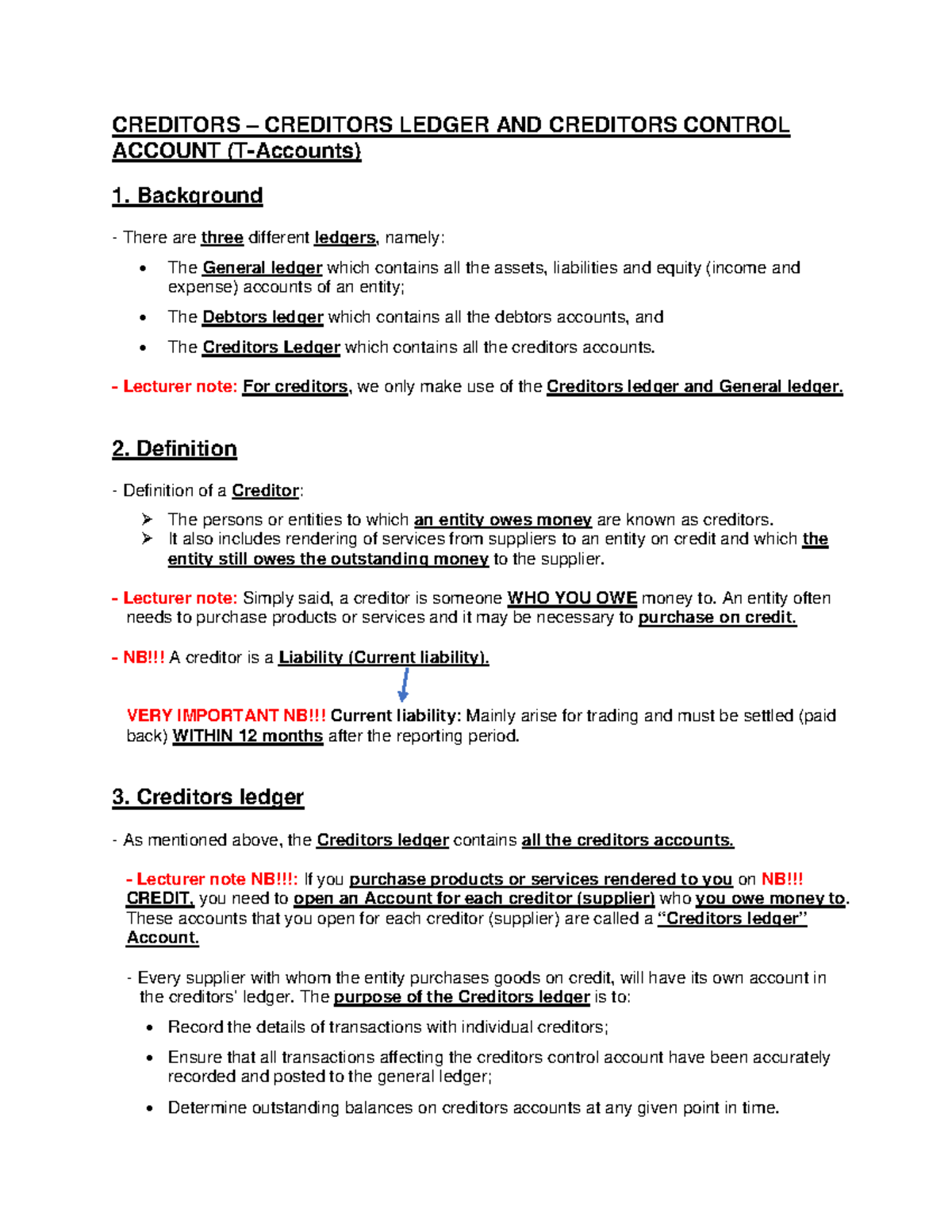 Creditors Ledger & Control Account Summary Notes - ACCT 101 - Studocu
