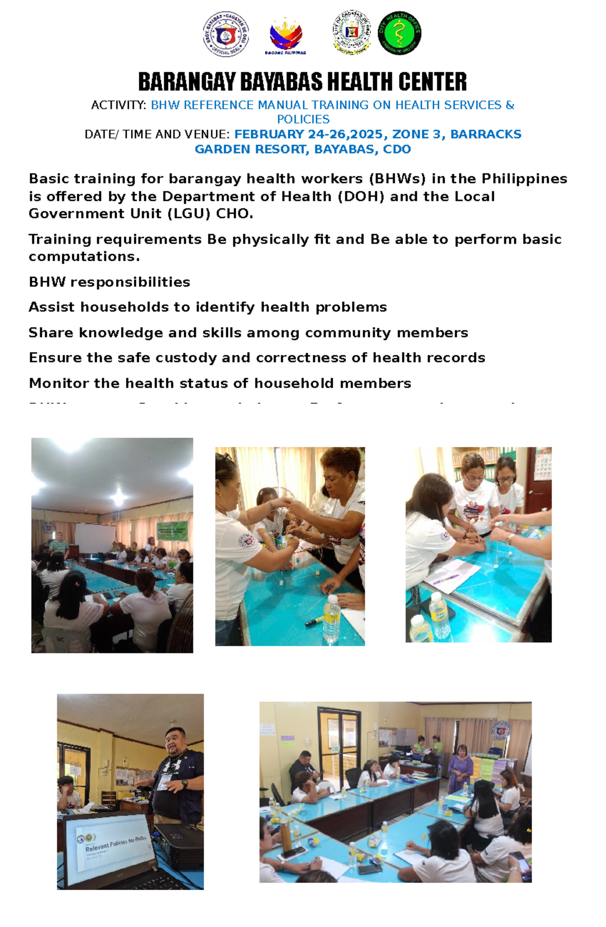 BHW Training Activity Layout: Health Services Policies Manual - Studocu