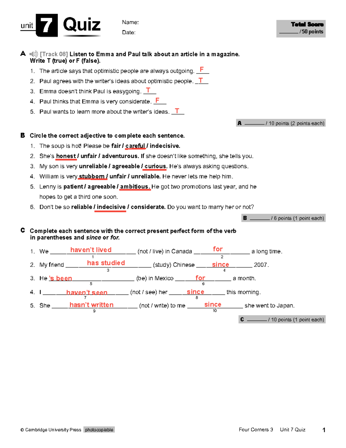 Four Corners 3B: Unit 7 Quiz 1 & 2 Level VI Review - Studocu