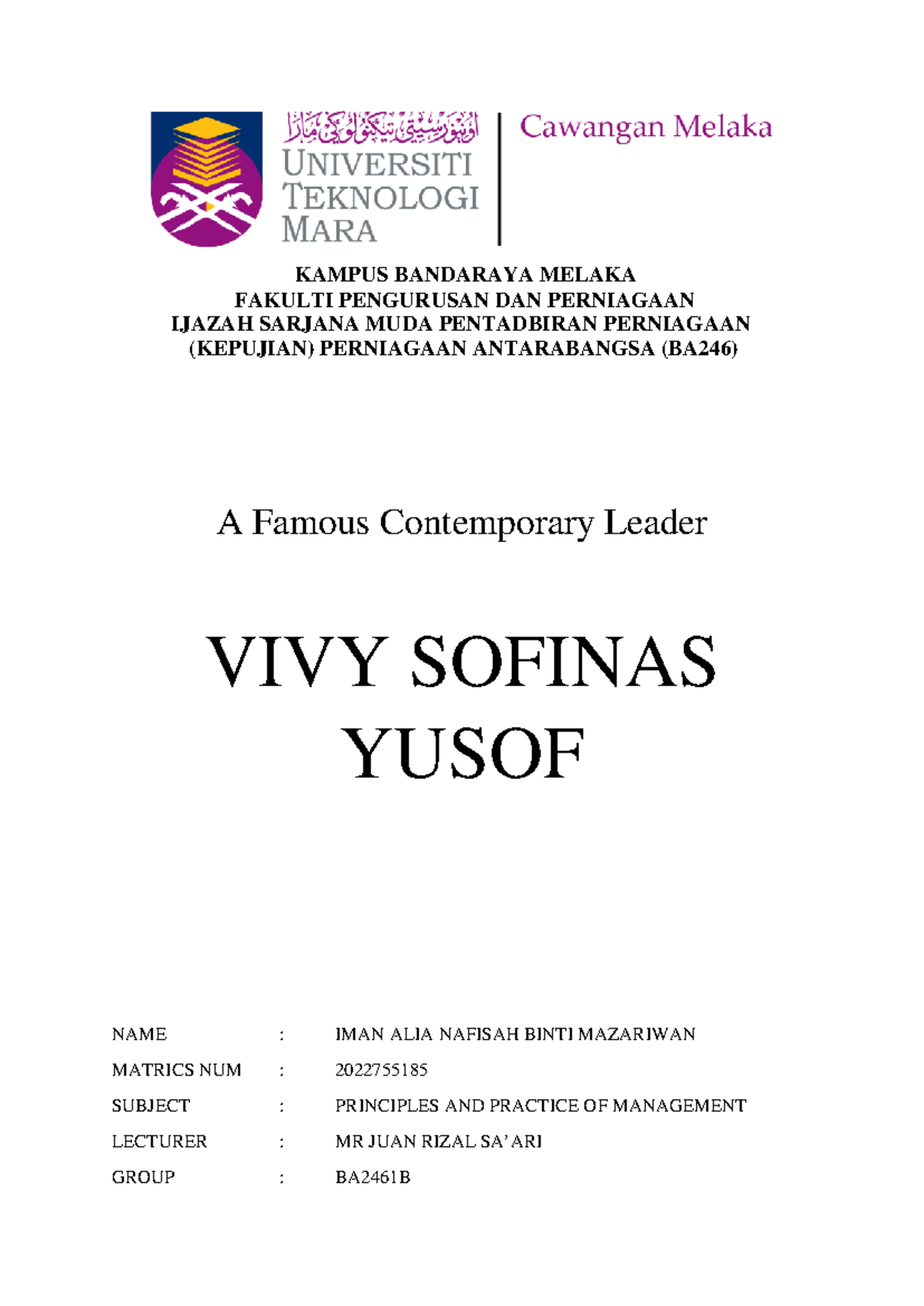 MGT420 IMAN ALIA Nafisah BA2461B - KAMPUS BANDARAYA MELAKA FAKULTI ...