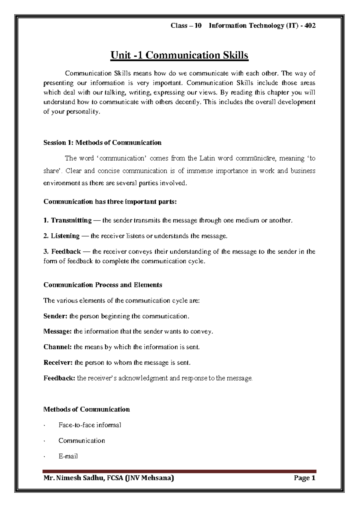 Unit 1: Essential Communication Skills Overview and Techniques - Studocu