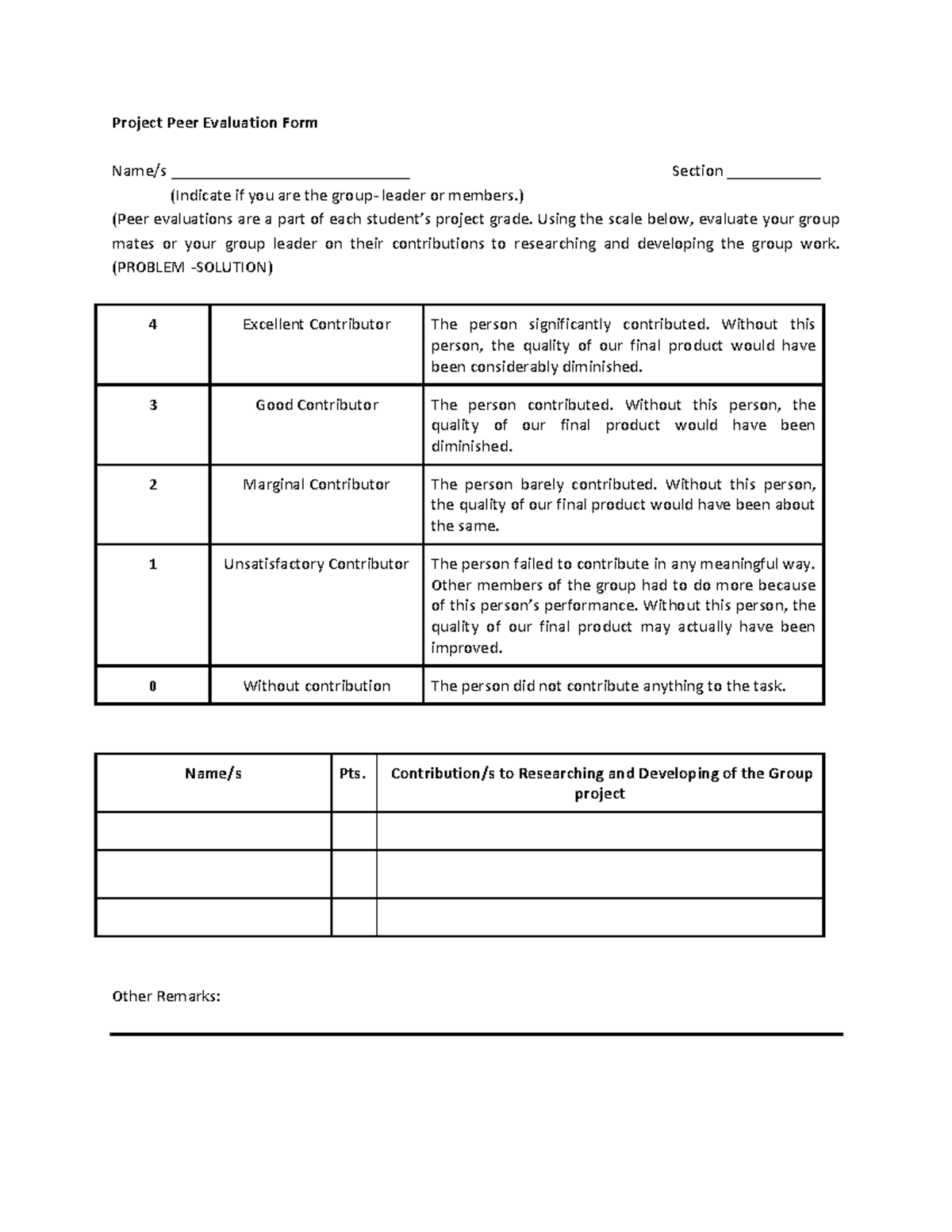 Project Peer Evaluation Form Problem- Solution - Project Peer ...