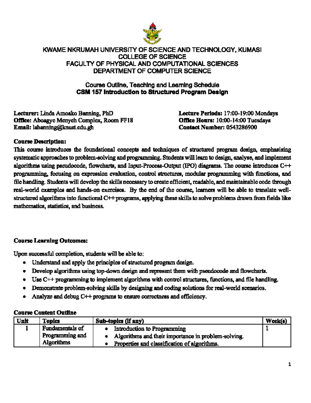 CSM 157 Course Outline: Introduction to Structured Program Design - Studocu