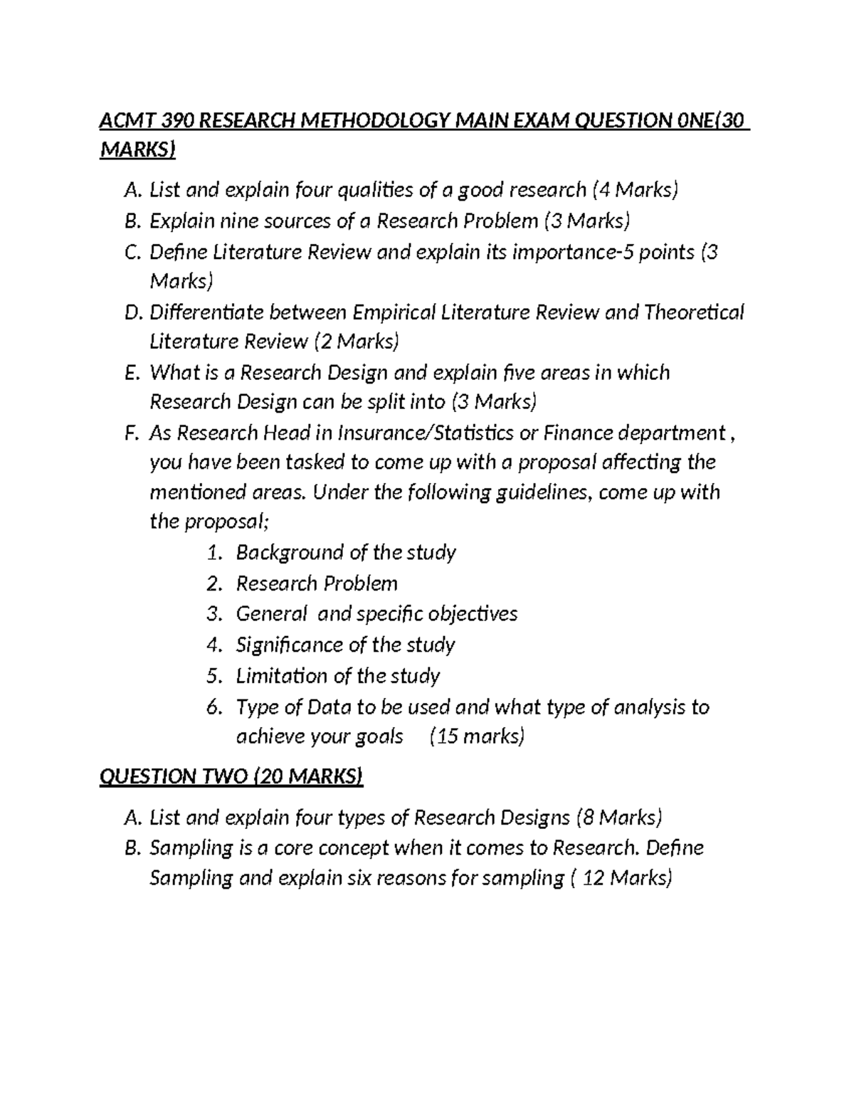 ACMT 390 RESEARCH METHODOLOGY MAIN EXAM QUESTIONS & GUIDELINES - Studocu