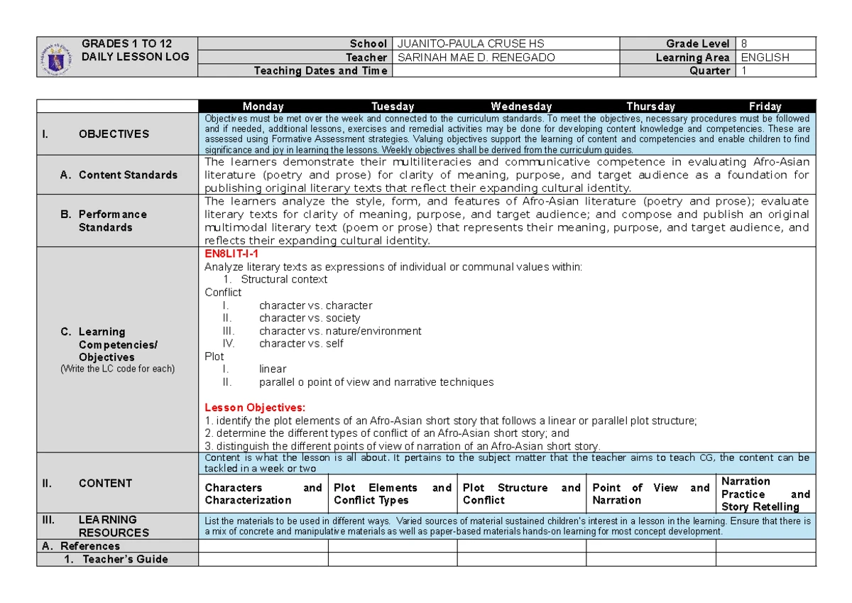 Q1 ENGLISH 8 Daily Lesson Log - Week 4 Overview - Studocu