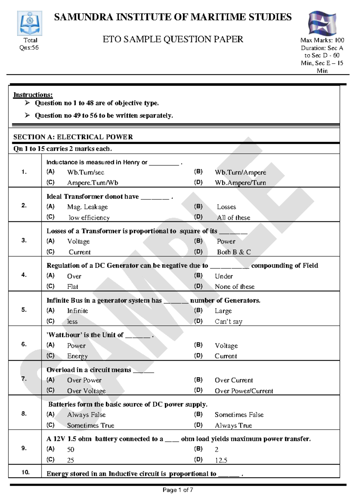 ETO Sample Question Paper - Samundra Institute of Maritime Studies ...