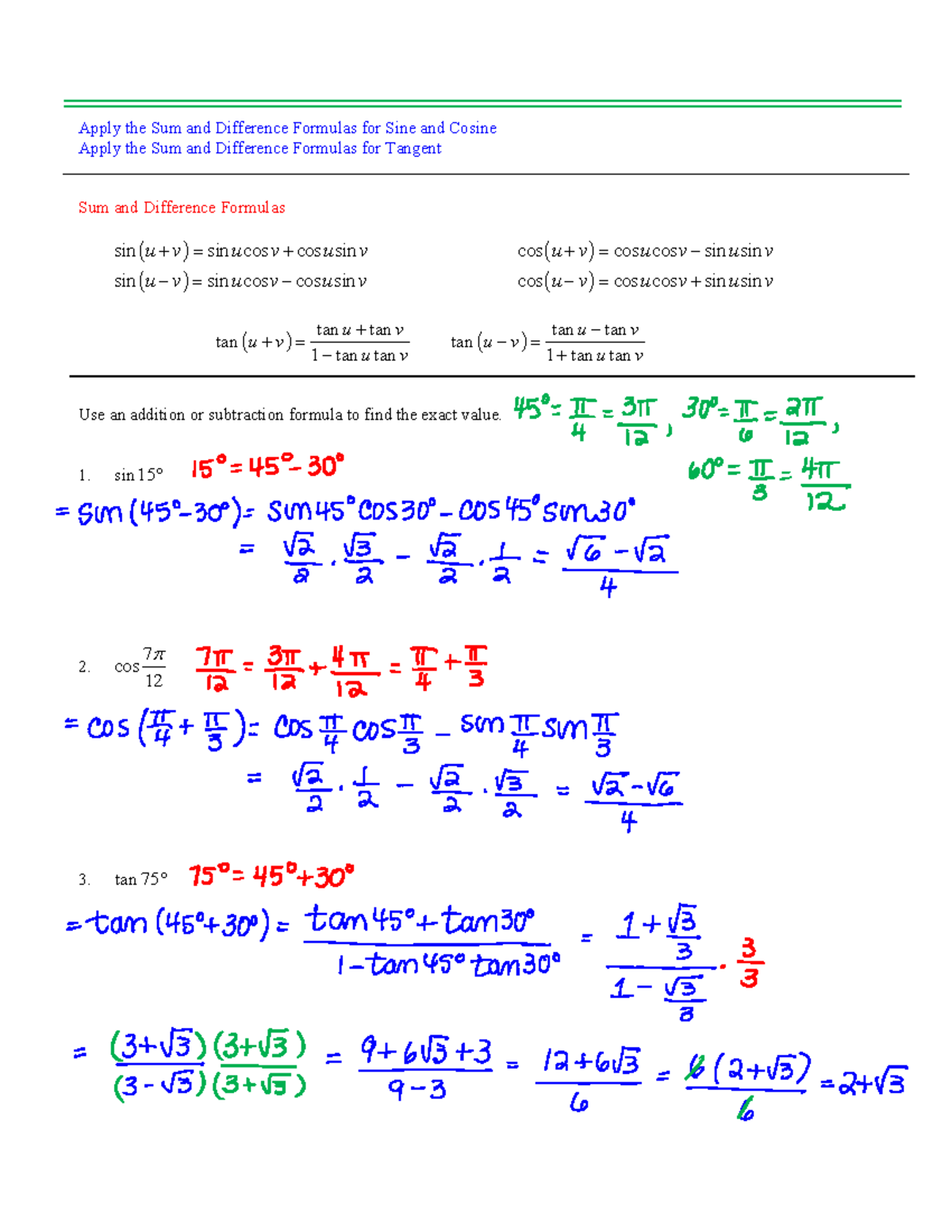 MAT142Week6Notes 3 - PRECAL NOTES - Apply the Sum and Difference ...