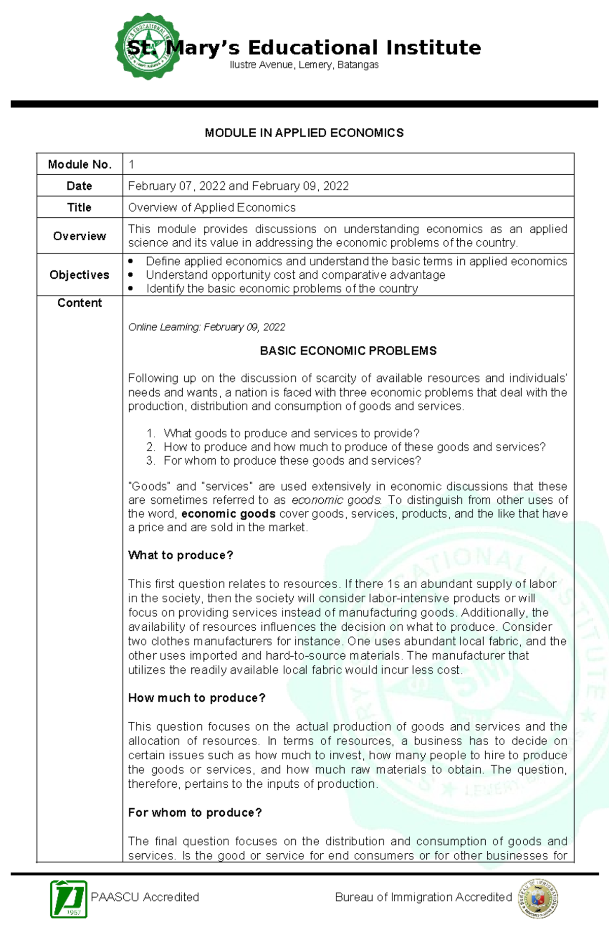 Module-No.-1 Applied Eco IL2 - PAASCU Accredited Bureau of Immigration ...