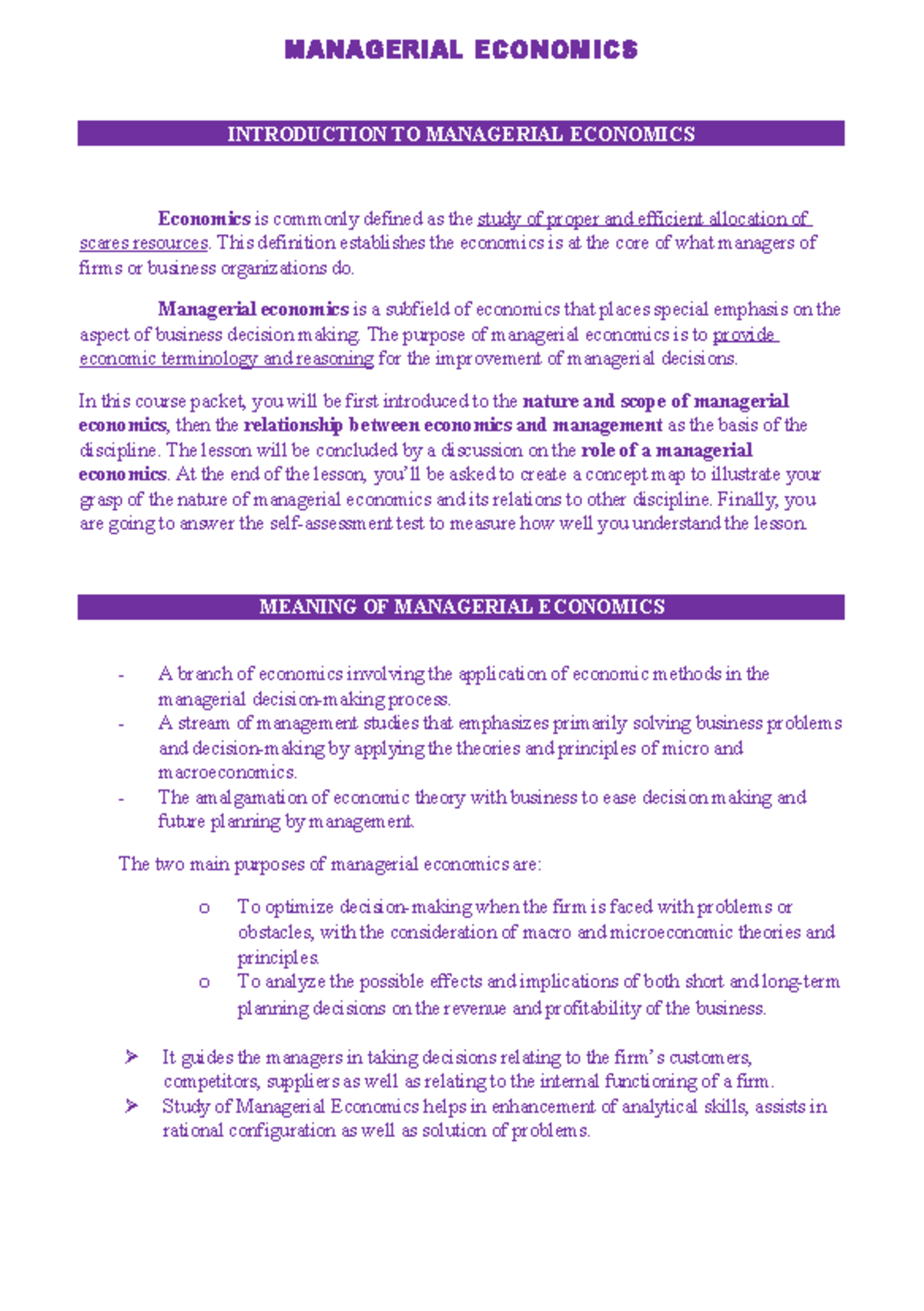 Introduction to Managerial Economics (Course Code: ME101) - Studocu