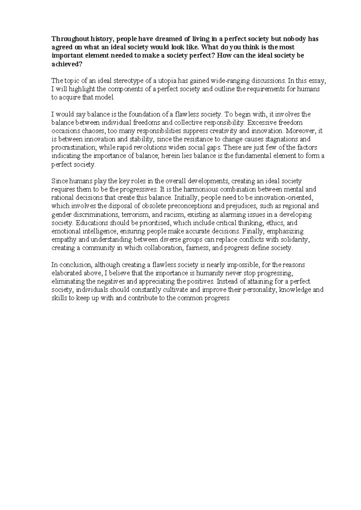 Essay on the Ideal Society: Elements for Perfection - Studocu