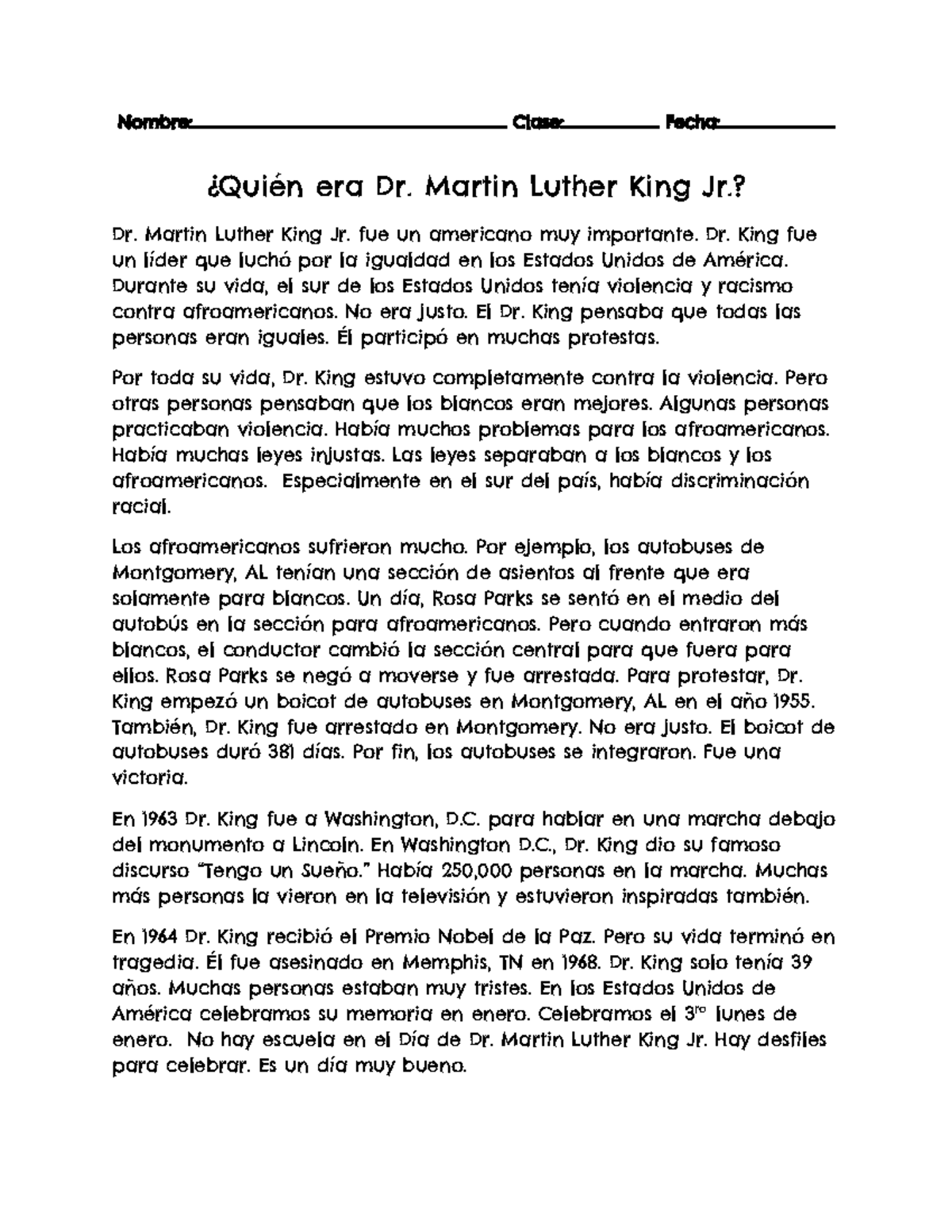 MLK Novice Reading: Dr. Martin Luther King Jr.’s Life & Impact - Studocu