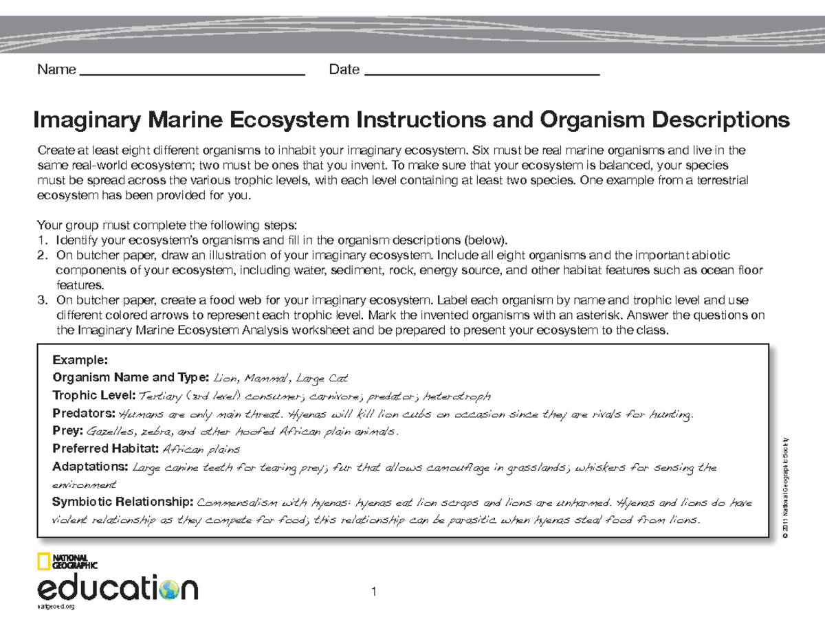 Imaginary Marine Ecosystem Project Instructions & Organism Details ...