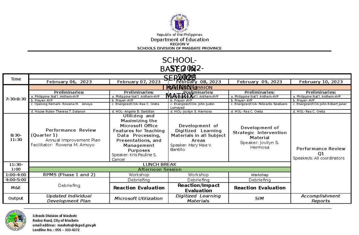 SY 2022-2023 School-Based In-Service Training Matrix - Studocu
