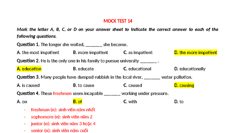 MOCK TEST 14: Comprehensive Practice Questions and Answers - Studocu