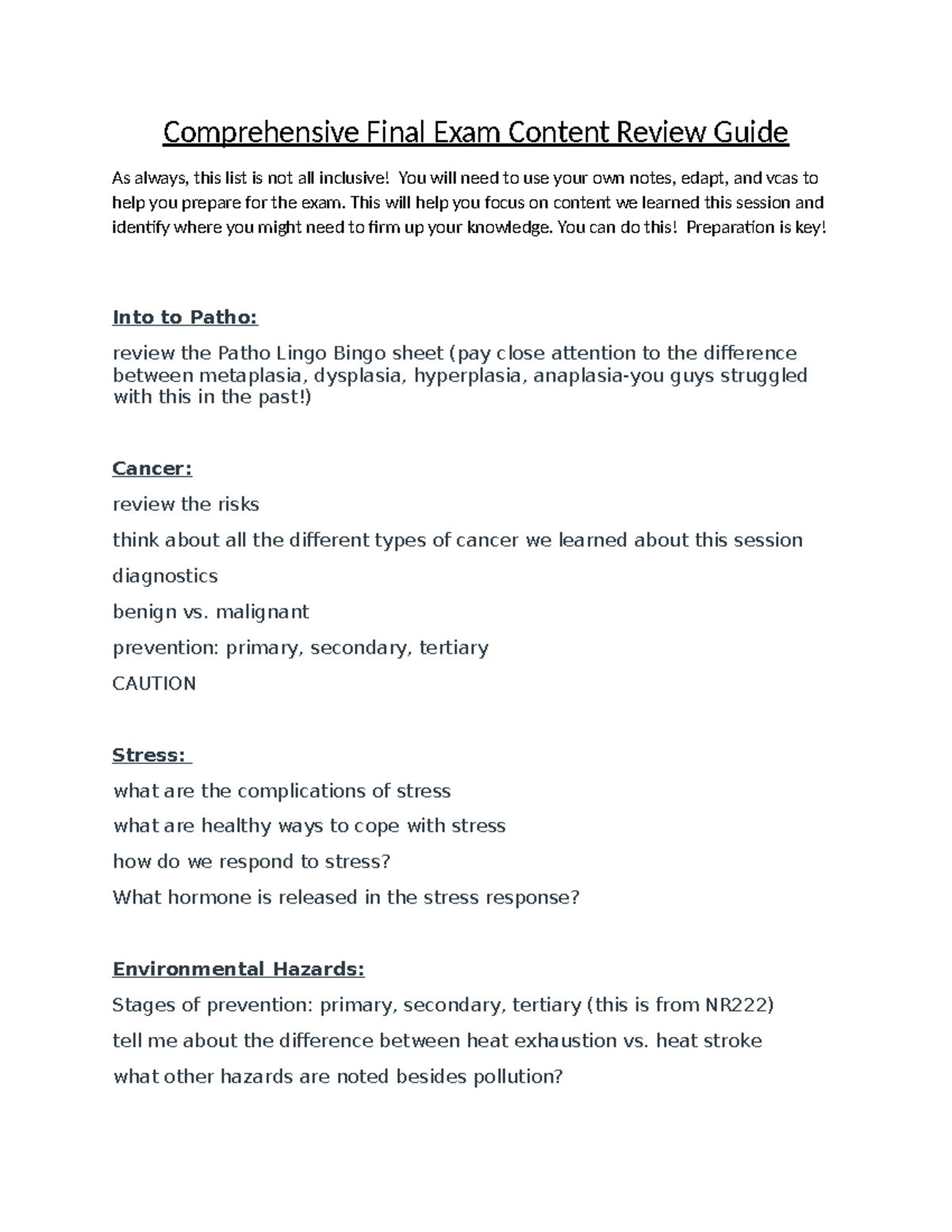 NR222 Comprehensive Final Exam Review Guide for Pathophysiology - Studocu