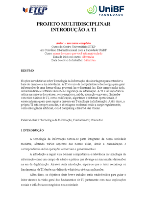 Modelo de Projeto Multidisciplinar - PROJETO MULTIDISCIPLINAR TÍTULO DO PROJETO CONFORME MATRÍZ ...