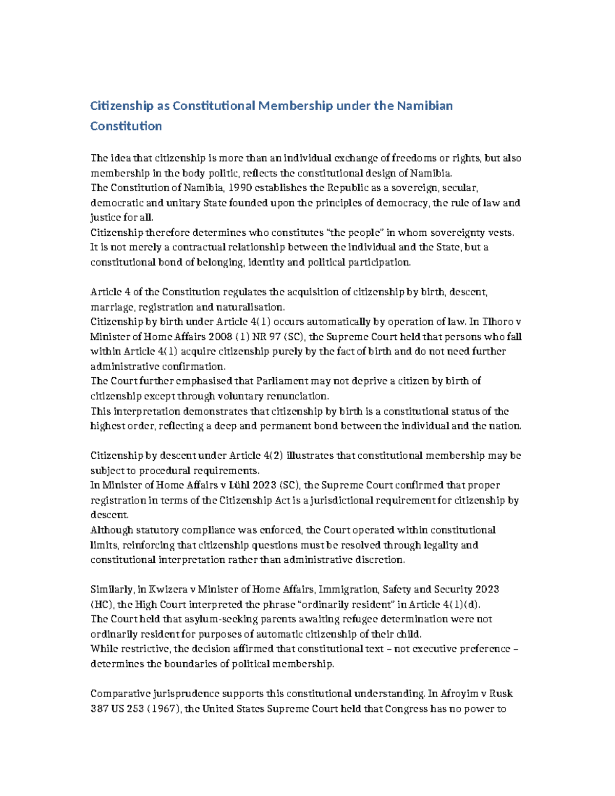 Citizenship as Constitutional Membership: A Study on Namibia's ...