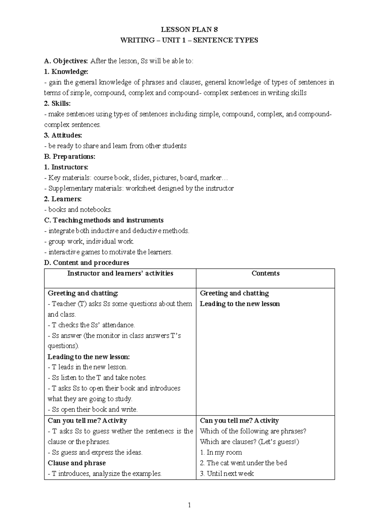 LESSON PLAN 8: WRITING UNIT 1 - UNDERSTANDING SENTENCE TYPES - Studocu