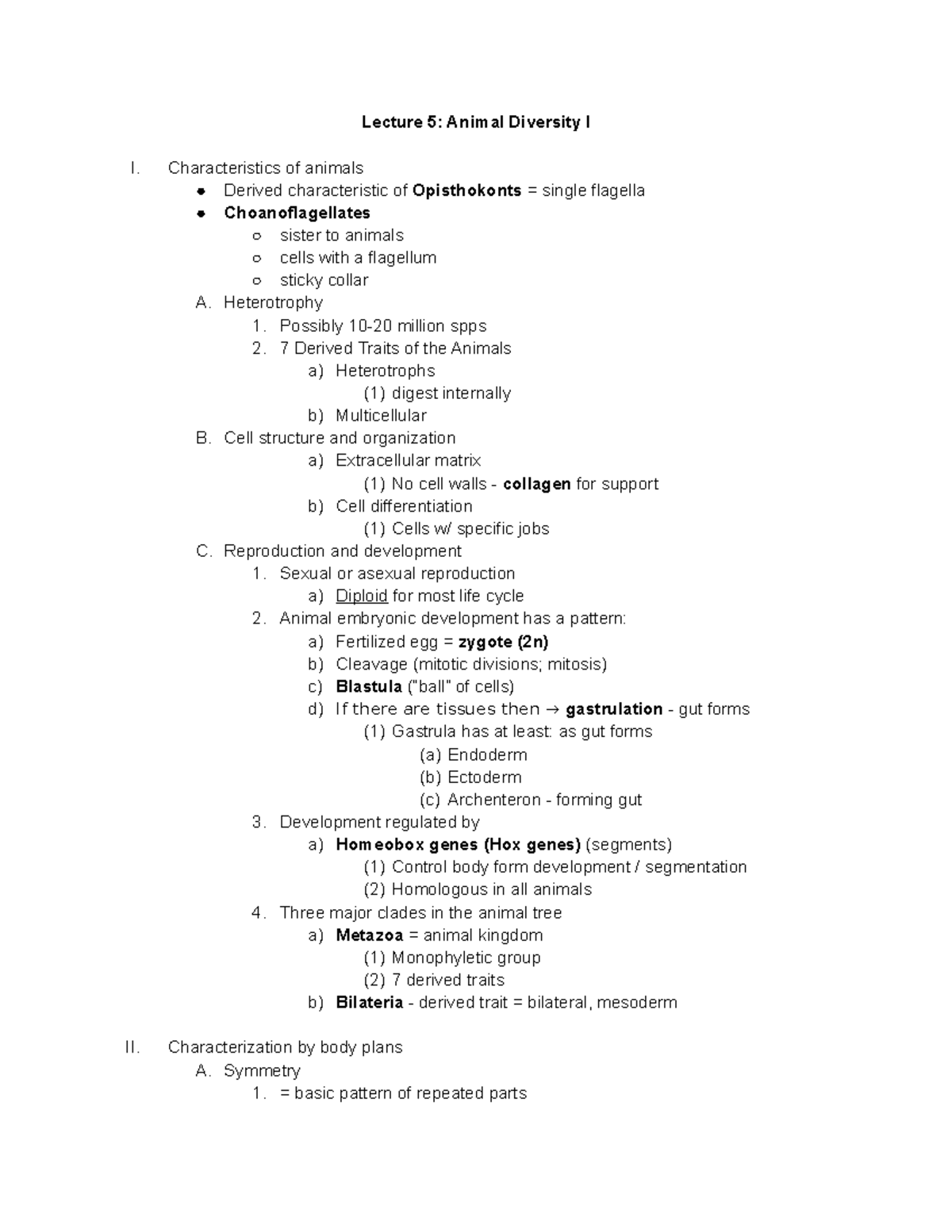 Animal Diversity I-III: Characteristics, Development, and Clades - Studocu