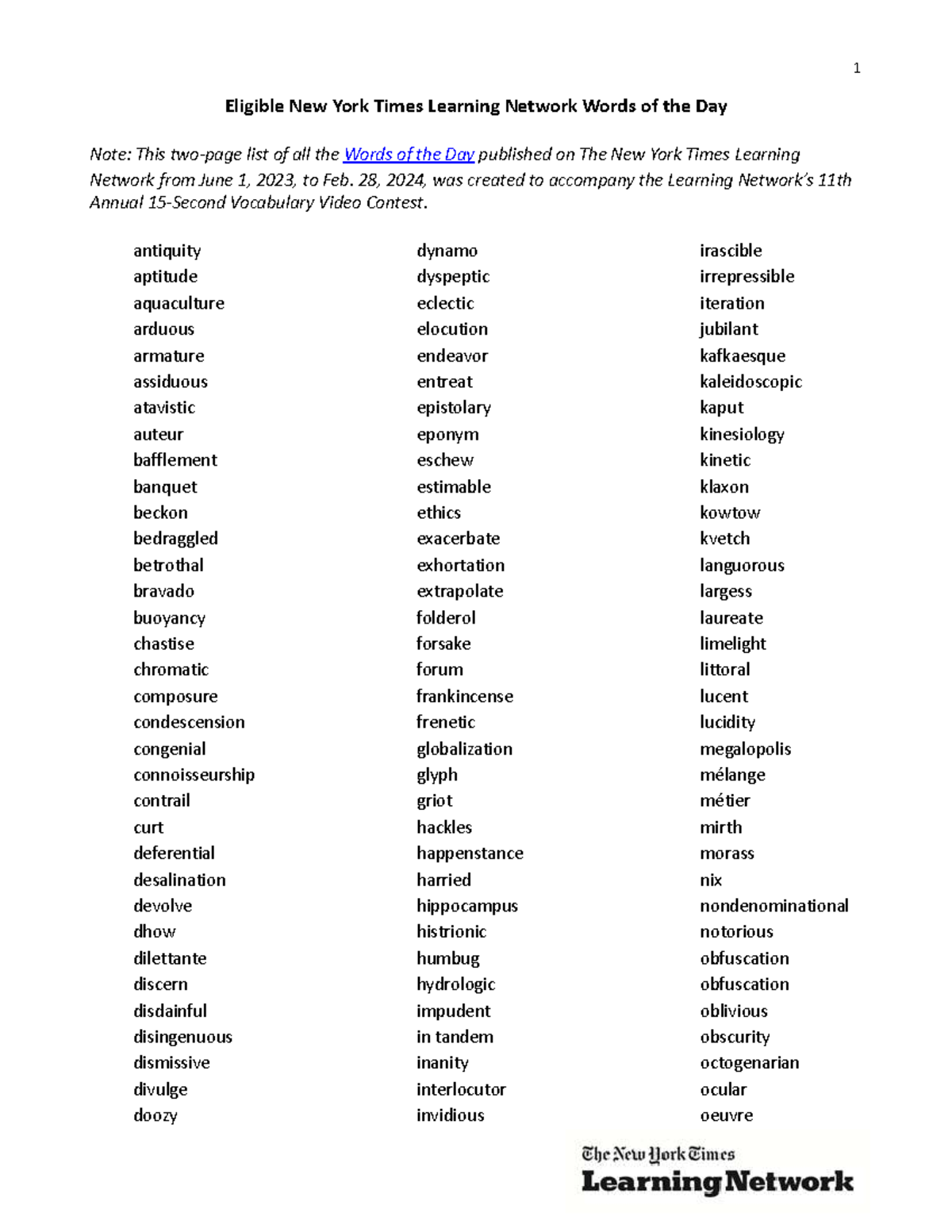 NYT Learning Network Words of the Day (Jun 23 - Feb 24) - Studocu