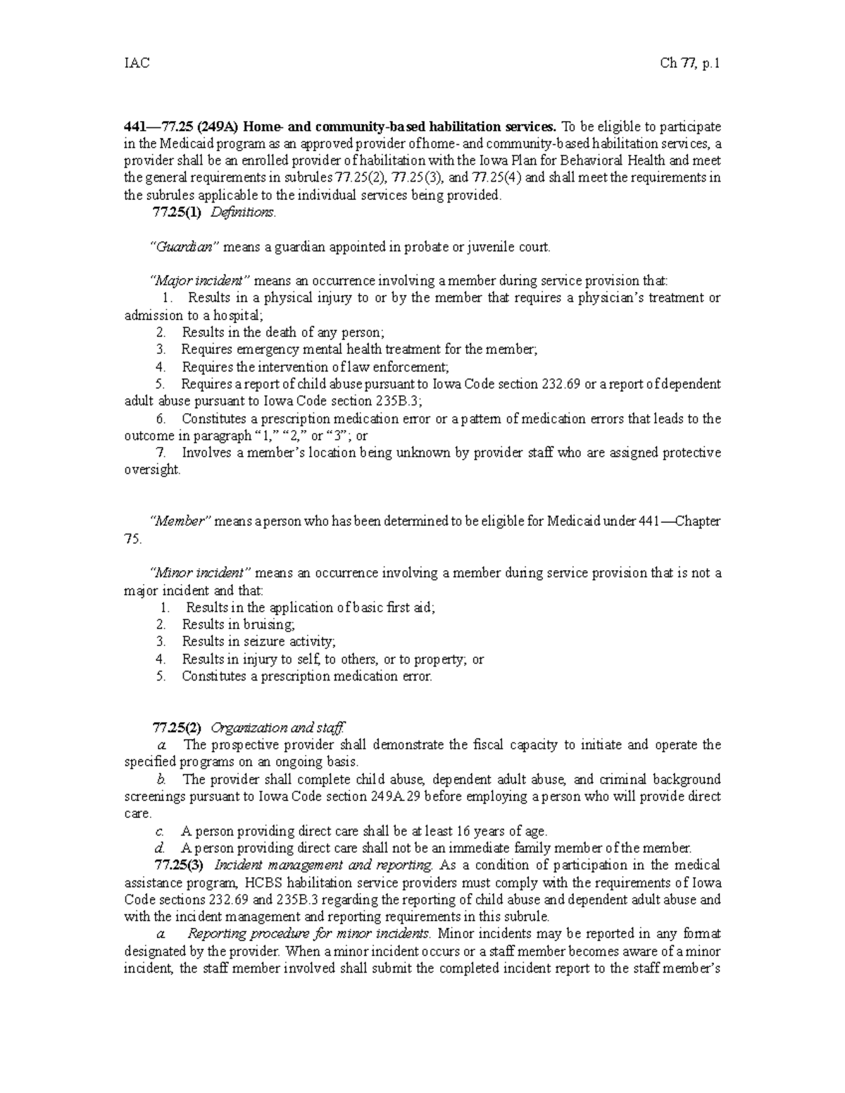 IAC Ch 77 Habilitation Services Guidelines for Medicaid Providers - Studocu