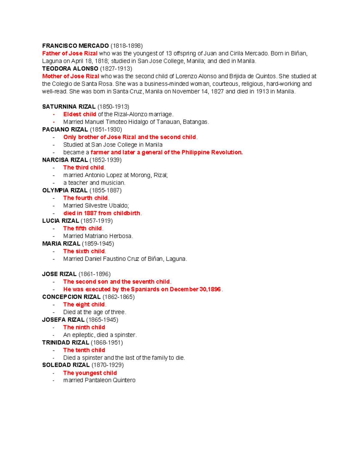Mga Kapatid at Magulang ni Dr. Jose Rizal: Isang Pag-aaral - Studocu