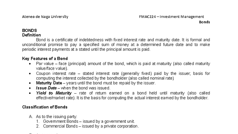 FINM221 Investment Management: Understanding Bonds and Their Features ...