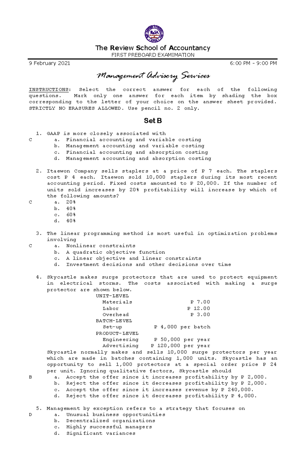 MAS B41 First Pre-Board Exam Review: Questions, Answers & Solutions ...