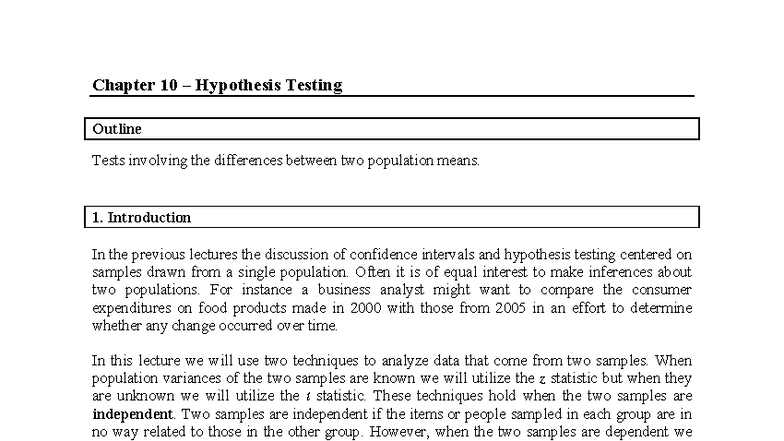 Chapter 10: Hypothesis Testing - Comparing Two Population Means - Studocu